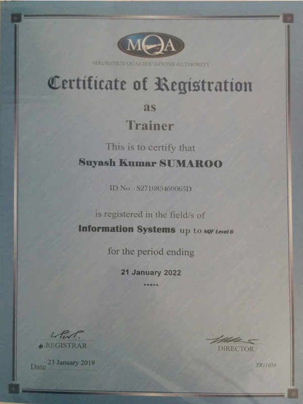 MQA Certificate of Registration - Suyash Kumar Sumaroo - StoragePlus.io
